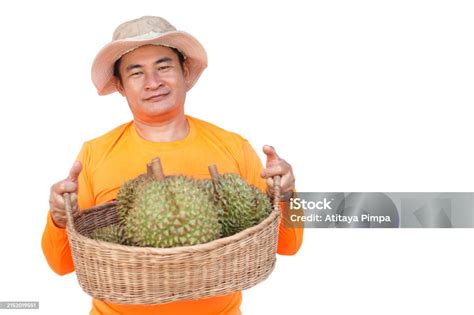 잘생긴 아시아 남자가 두리안 과일 바구니를 들고 있습니다 흰색 배경입니다 컨셉 과일 판매자 정원사 직업 두리안 제철 과일 및