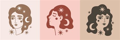 아름다운 젊은 여성 머리와 달과 머리카락에 별이있는 벡터 일러스트레이션 개체 그룹에 대한 스톡 벡터 아트 및 기타 이미지