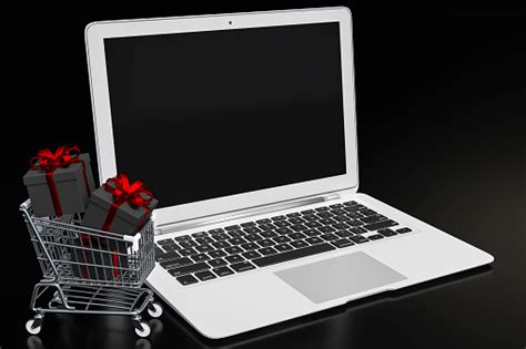 검은 색 배경 3d 렌더링에 쇼핑 카트와 노트북 컴퓨터에 검은 선물 상자 0명에 대한 스톡 사진 및 기타 이미지 0명 11월 가격 Istock