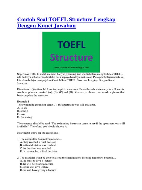Contoh Soal Toefl Structure Lengkap Dengan Kunci Jawaban Verb