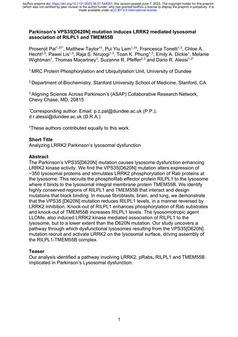 Pdf Parkinsons Vp535[d620n] Mutation Induces Lrrk2 Mediated Lysosomal Association Of Rilpl1