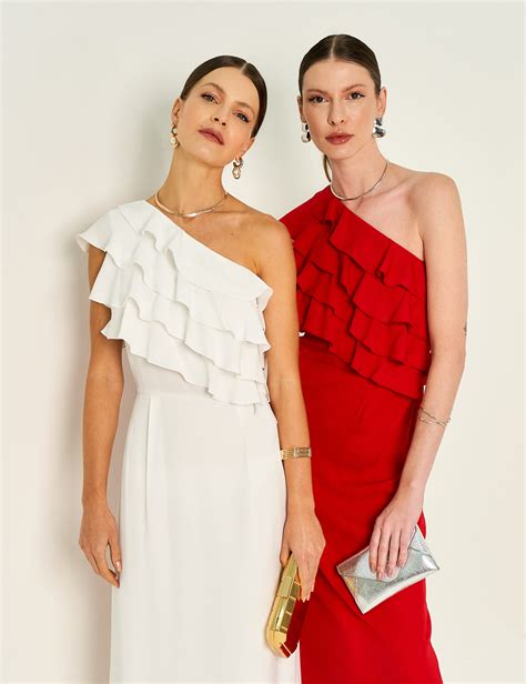 Vestido Babado Crepe Texturizado Vermelho Scarlet Unique Chic