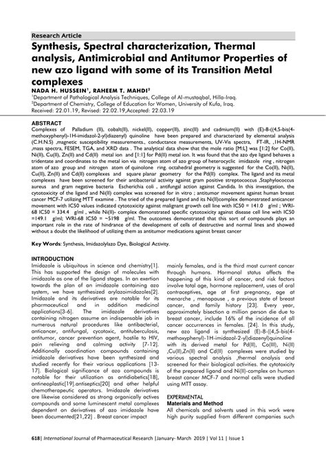 Pdf Synthesis Spectral Characterization Thermal Analysis