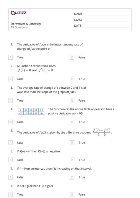 50 Derivatives Worksheets For Grade 11 On Quizizz Free And Printable