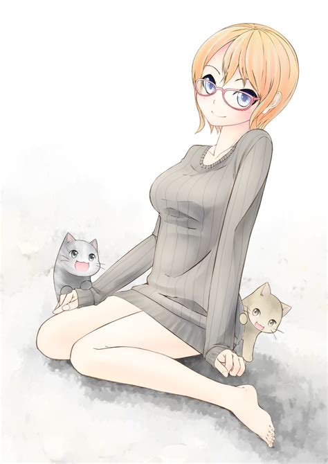 Safebooru 1girl Barefoot Blue Eyes Bottomless Cat Feet Female Glasses