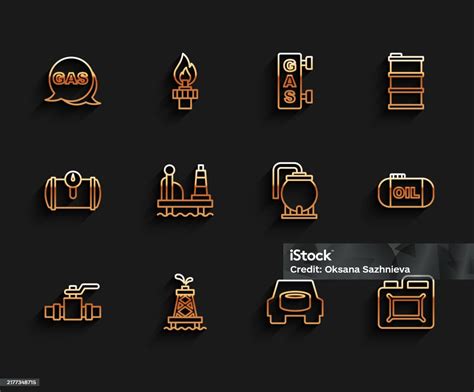 세트 라인 금속 파이프 및 밸브 석유 굴착 장치 위치 주유소 자동차의 스페어 휠 모터 오일용 캐니스터 플랫폼 바다 탱크 저장 및 아이콘 벡터 0명에 대한 스톡 벡터 아트 및