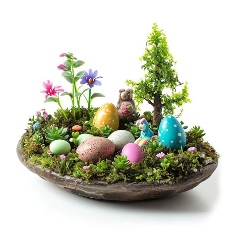 Beautiful Miniature Easter Garden Isolated On White Background