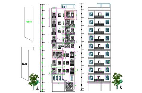 Facade Elevation And Section Details Of Multi Story Apartment Building