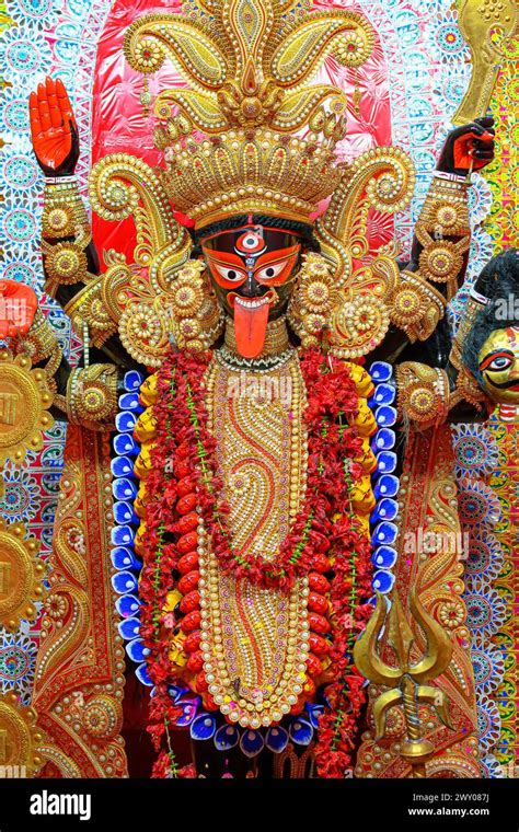 Idol Of Goddess Maa Kali At A Decorated Puja Pandal In Kolkata West