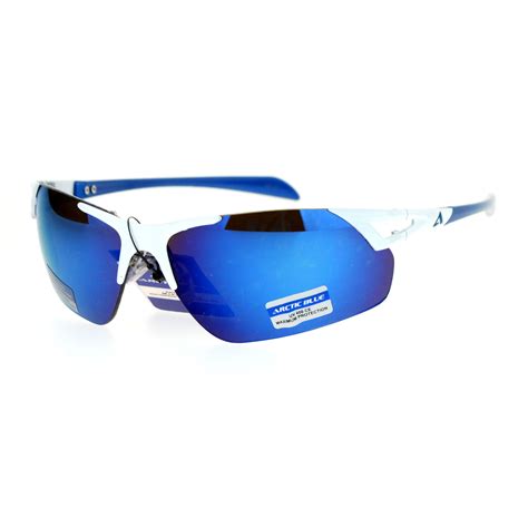 Sa106 Mens Blue Mirror Lens Rimless Metal Warp Sport Sunglasses Ebay