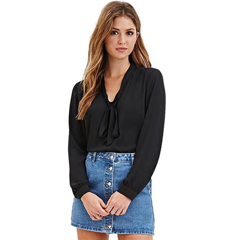 Tie Up Dressy Women Blouses V Neck Black Chiffon Blouse Long Sleeve