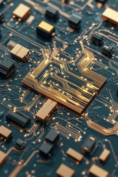 Complex Circuit Board Showcases Gold Components Detailed Pathways Create Intricate Digital