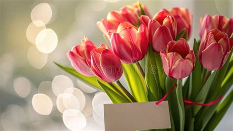 A Beautiful Bouquet Of Tulips With A Blank Tag For A Name Or Birthday