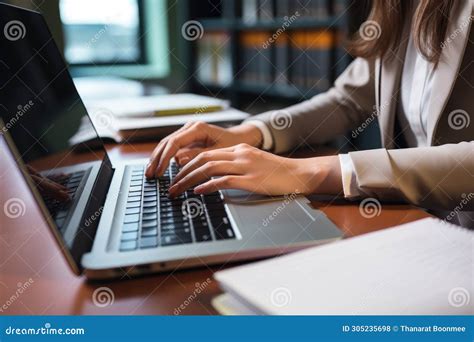 The Hand Of A Businesswoman Pressing A Laptop Keyboard On A Table