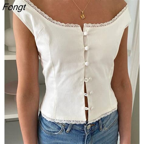 Fongt Retro Button Up Tank Top Lace Trim Milkmaid Top Women Y2k