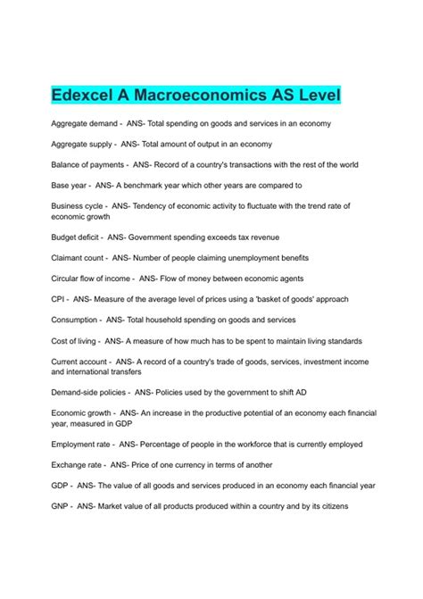 EDEXCEL A Macroeconomics AS Level Exam Questions With Correct Answers A GRADED