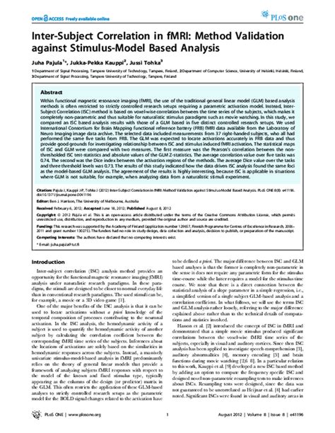 Pdf Inter Subject Correlation In Fmri Method Validation Against Stimulus Model Based Analysis
