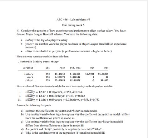 Solved Obs Mean Min Max AEC 446 Lab Problems 4 Due During Chegg Com