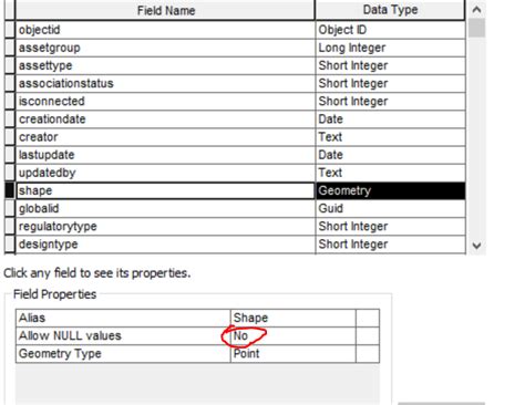 Arcgis Desktop Allowing Null Values In Shape Field In UPDM Feature