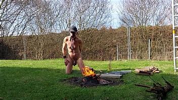 Naked Pathetic Slave Exposed Ourdoor In Penis Cage At The Campfire