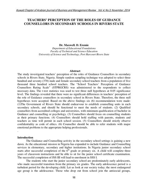 Pdf Teachers Perception Of The Roles Of Guidance Counsellors In Secondary Schools In Rivers State