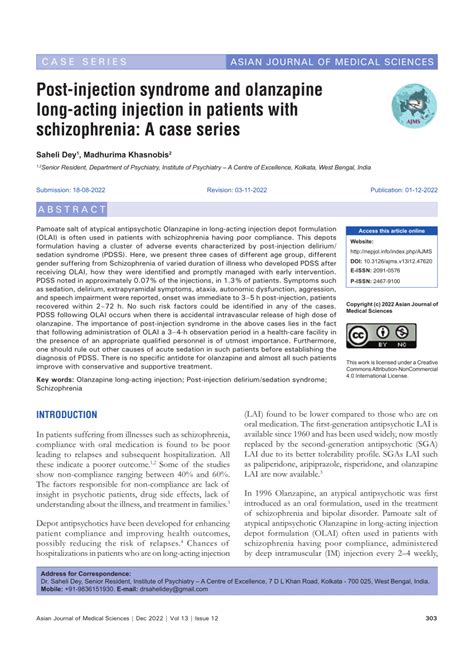 Pdf Post Injection Syndrome And Olanzapine Long Acting Injection In