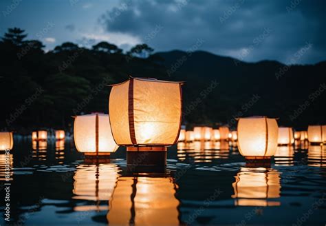 Hundreds Of Paper Lanterns Float On The River Toro Nagashi Japanese