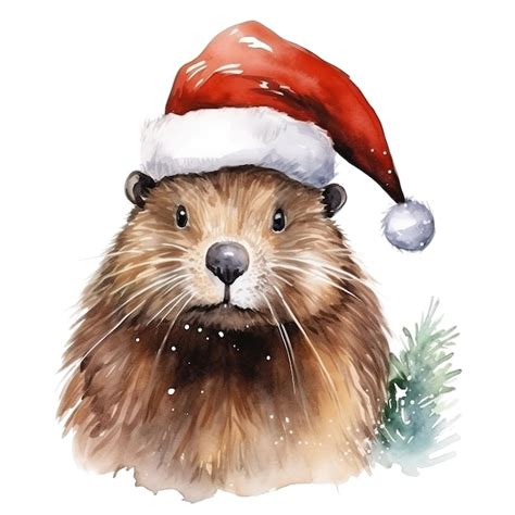 Premium Psd Beaver Wearing Santa Hat For Christmas Event Watercolor