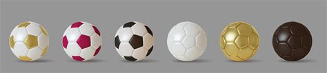 3d 사실적인 축구공 모음 황금색 보라색 및 흰색 검은 색 축구 공 세트 벡터 일러스트 레이 션입니다 모던 양식에 대한 스톡