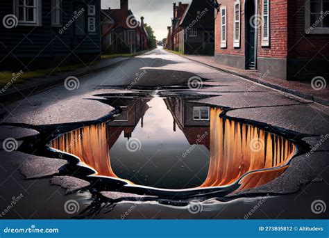 Sewer Water Flows Down The Street Forming Puddle On Asphalt Stock