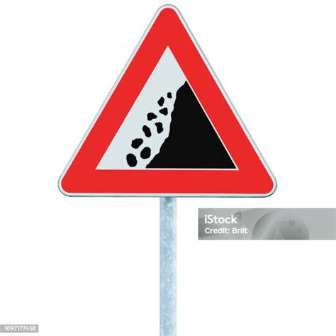 떨어지는 바위 위험 극 게시물에 주의로 표지판 큰 상세한 고립 된 수직 길가 돌 트래픽 경고 간판 매크로 근접 촬영 바위 슬라이드가 위험 가능한 미리 레드 프레임 삼각형 푯