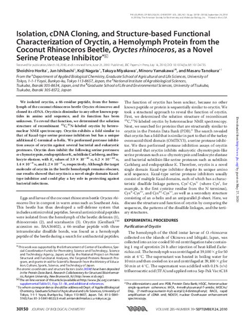 Pdf Isolation Cdna Cloning And Structure Based Functional Characterization Of Oryctin A
