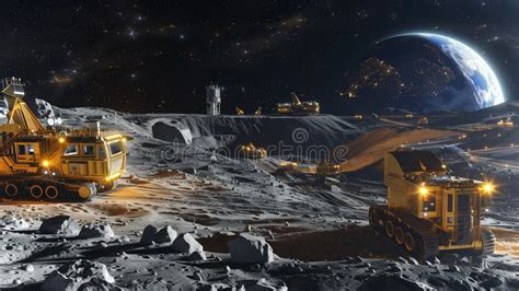 Machines Operate On An Asteroid Refining Regolith Resources For Future Space Missions Stock