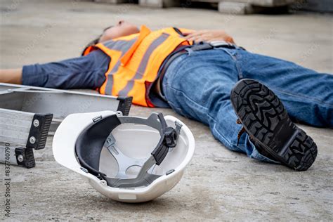 Accident And Injury On A Construction Site Safety First Concept Male Worker Lying Down