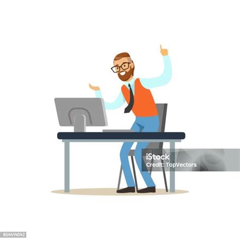 사무실에서 컴퓨터에 노력 하 고 아이디어 벡터 일러스트 레이 션 하는 데 행복 한 사람 개념에 대한 스톡 벡터 아트 및 기타 이미지 개념 남자 독일 Istock