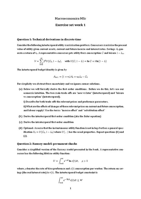 Exercise Set Week Macroeconomics MSc Exercise Set Week Question Technical Derivations