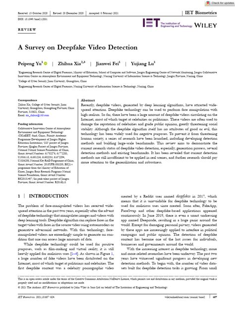 Iet Biometrics 2021 Yu A Survey On Deepfake Video Detection Pdf