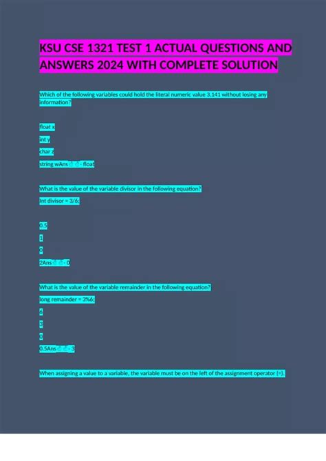 KSU CSE 1321 TEST 1 ACTUAL QUESTIONS AND ANSWERS 2024 WITH COMPLETE