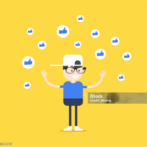Ilustración De Joven Nerd Exitoso Rodeado Como Símbolos Levantando Sus