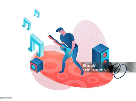 기타 플레이어 3d 아이소메트릭 인포 그래픽 그림 축제에서 록 음악을 재생 하는 사람 콘서트 쇼 포스터 템플릿 색상 아이콘 3차원 형태에 대한 스톡 벡터 아트 및 기타