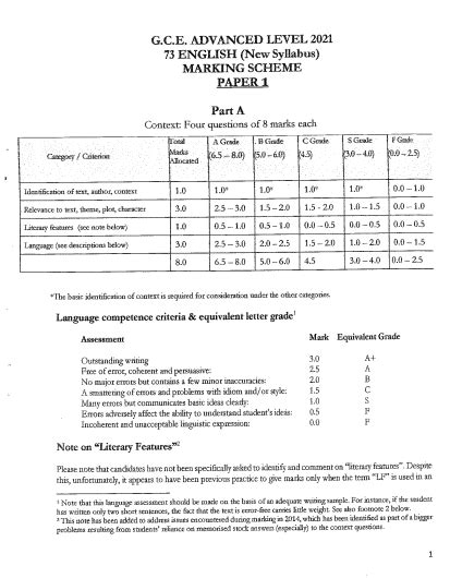 2021 A L English Marking Scheme Past Papers Wiki
