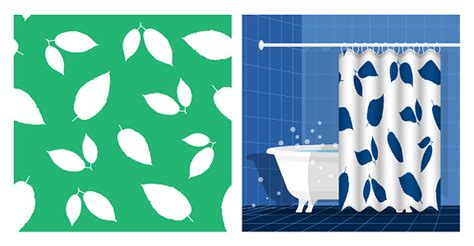 욕조와 커튼이 있는 욕실 내부는 화산재의 검은색 실루엣으로 장식되어 매끄러운 패턴을 남깁니다 물푸레나무의 나뭇잎 벡터 그림 포스터 디자인 장식 직물에 인쇄 가구에 대한 스톡