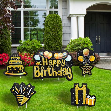 5pcs Happy Birthday Yard Signs With Stakes Balloons Star