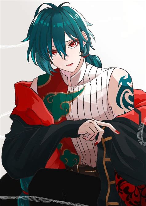 An Anime Character With Blue Hair And Green Eyes Sitting On The Ground