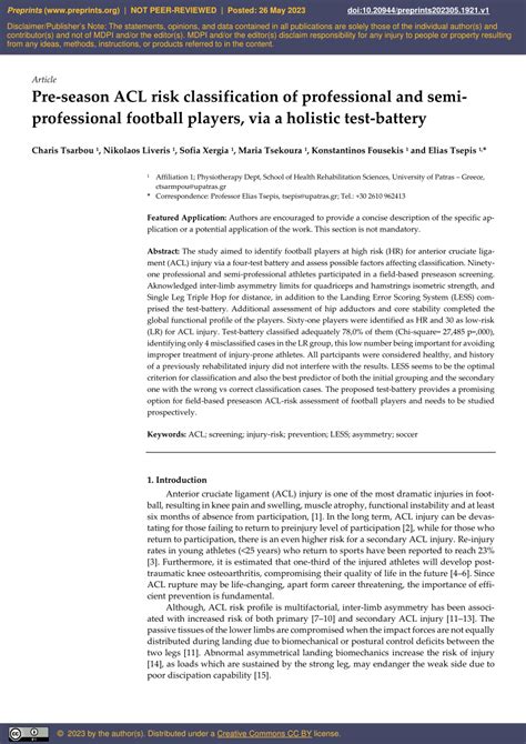 Pdf Pre Season Acl Risk Classification Of Professional And Semi Professional Football Players