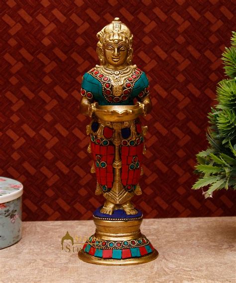 Brass Standing Deep Lady Deeplakshmi Idol For Home Temple Pooja Room