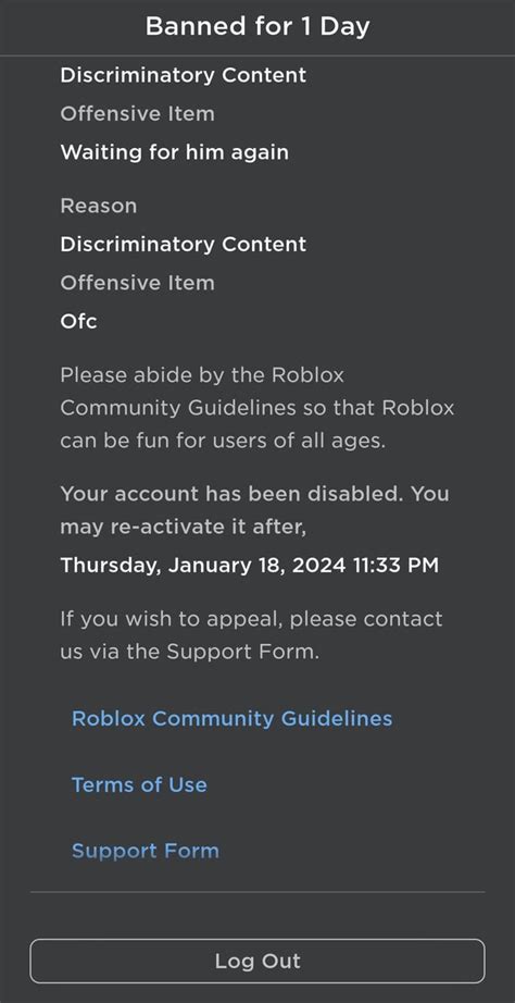 For Banned For A Day Will My Account Get Deleted Or Terminated In The Future R Robloxbans
