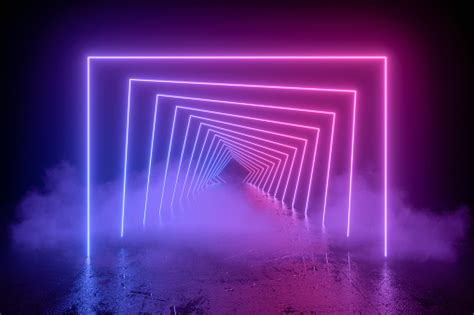 자외선 네온 조명 빈 프레임 우주 풍경 연기와 빛나는 터널 문 3d 추상적 인 배경 네온에 대한 스톡 사진 및 기타 이미지 네온 문 불타는 듯한 Istock