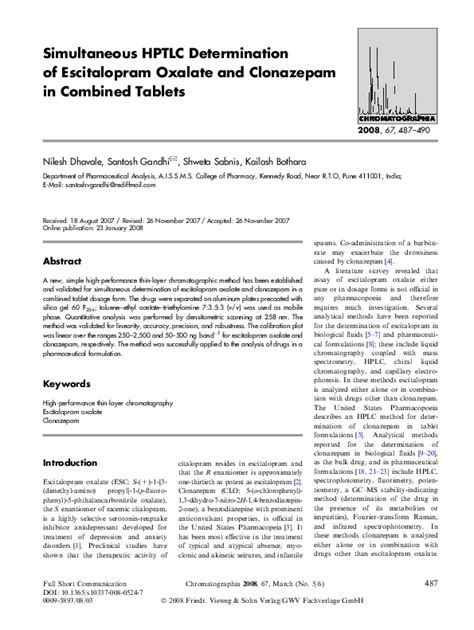 Pdf Simultaneous Hptlc Determination Of Escitalopram Oxalate And Clonazepam In Combined Tablets
