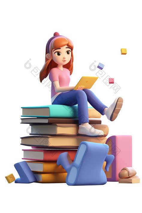 一个小女孩坐在巨大的书本上等距微观学生表高清图片下载 包图网